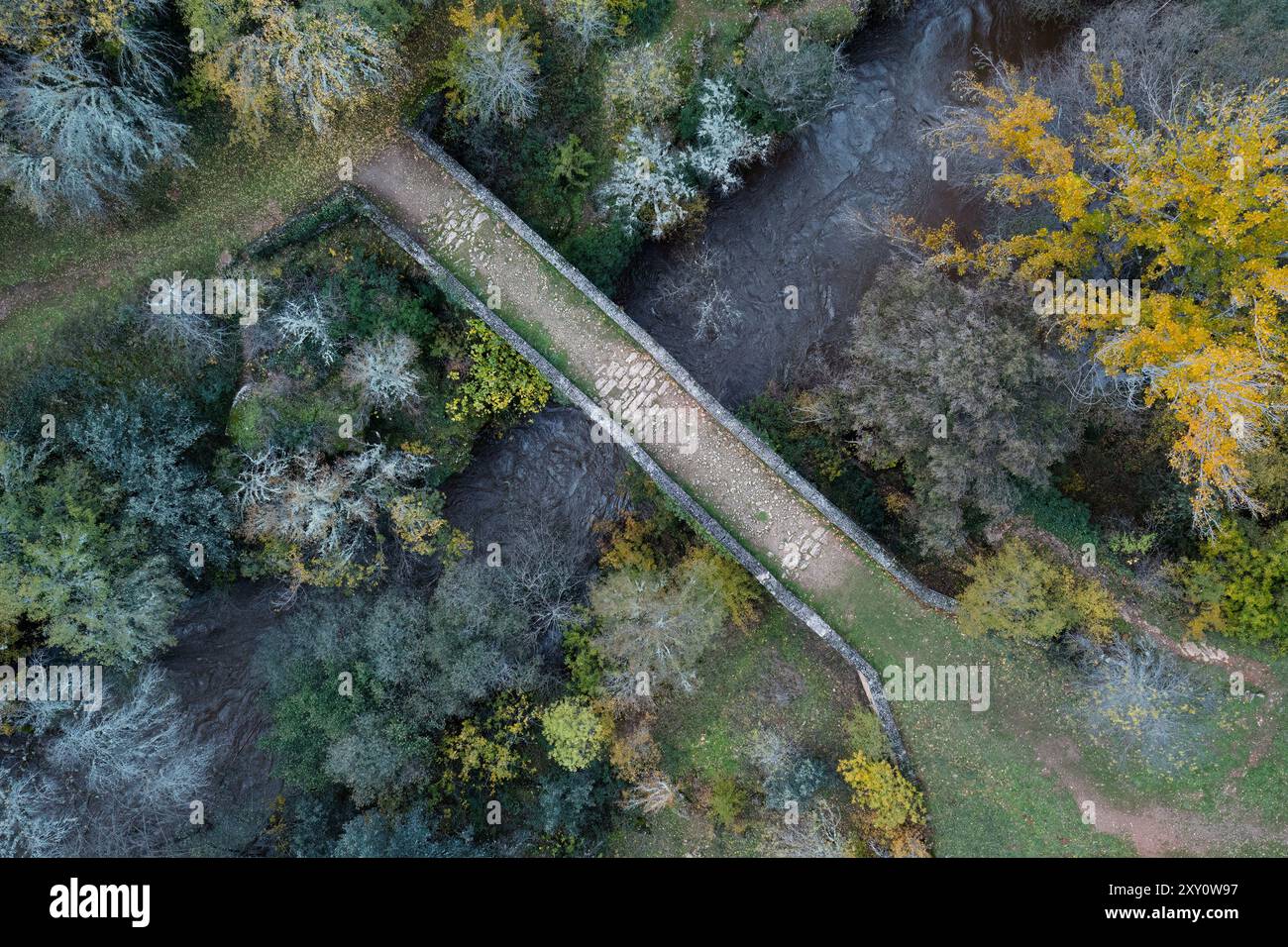 An aerial shot captures an autumn-colored trees, a winding river, and a ...
