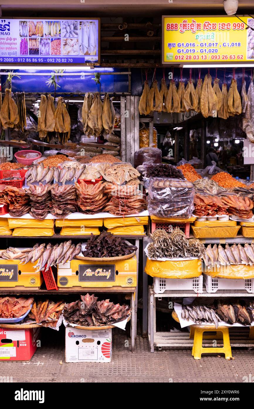 Vendor selling dried fish at Central Market (Phsar Thmei), Phnom Penh ...