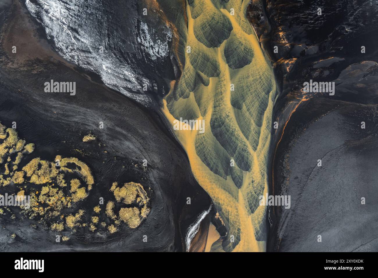 Top view of intricate patterns of Holtsos River in Iceland stretch ...