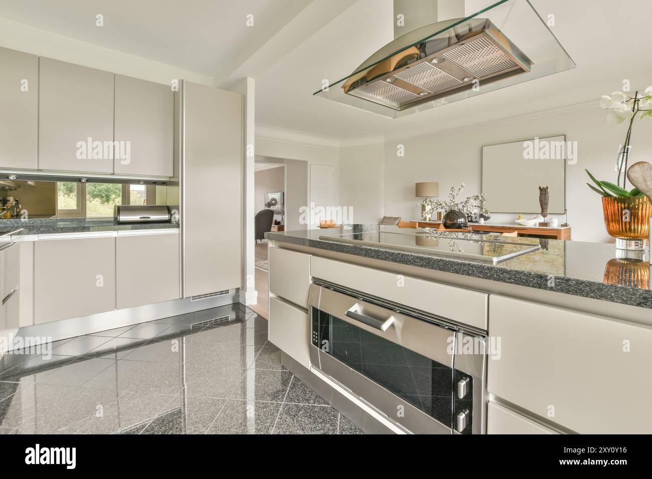 A contemporary kitchen design featuring granite countertops, high-gloss ...