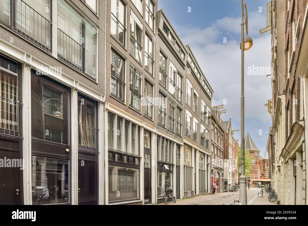 A peaceful street in a European city blending modern with traditional ...