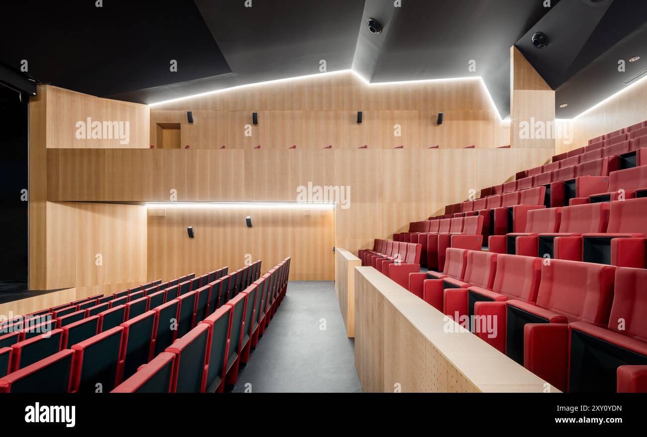Contemporary auditorium interior showcasing a sleek design with wooden ...