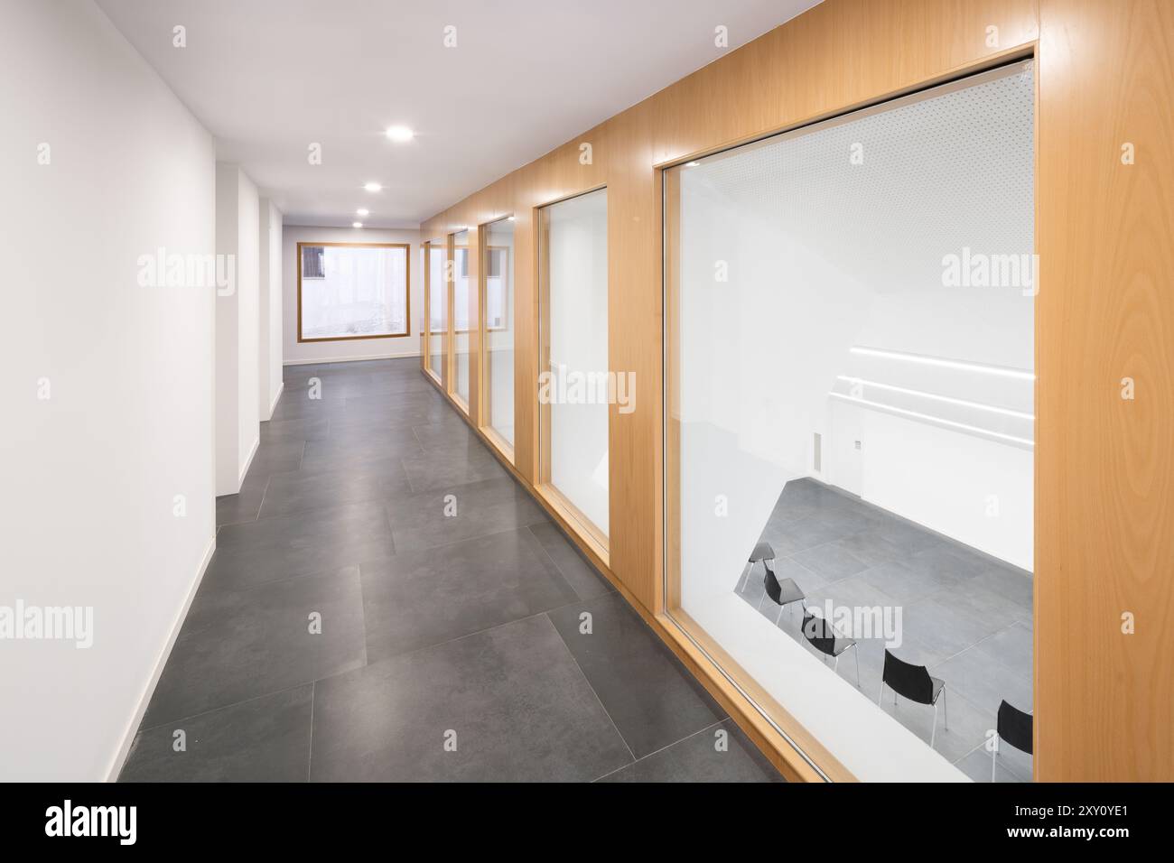 A contemporary auditorium corridor featuring wooden doors, clear glass ...