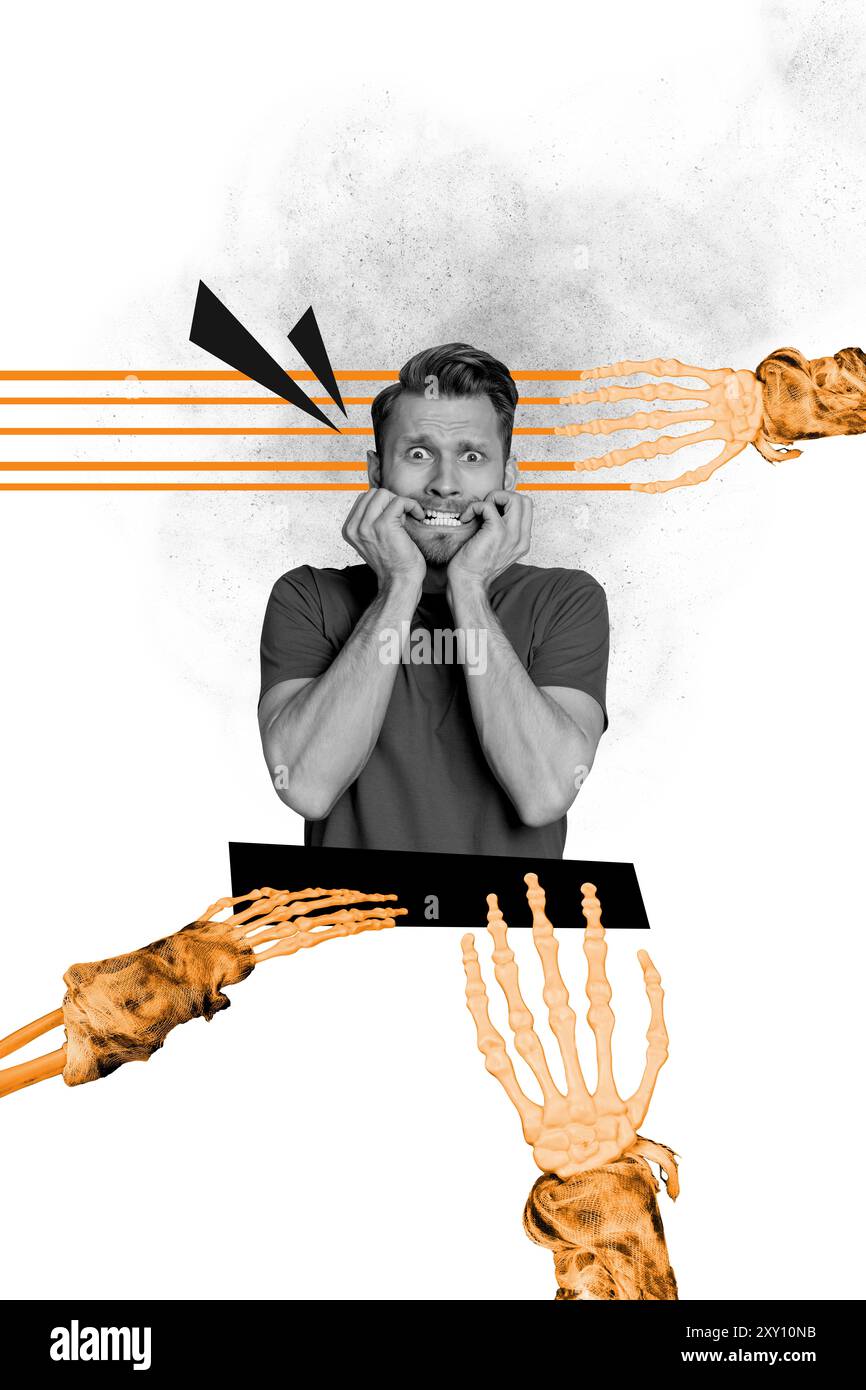 Vertical photo collage of scared man bite fingers creepy skeleton ...