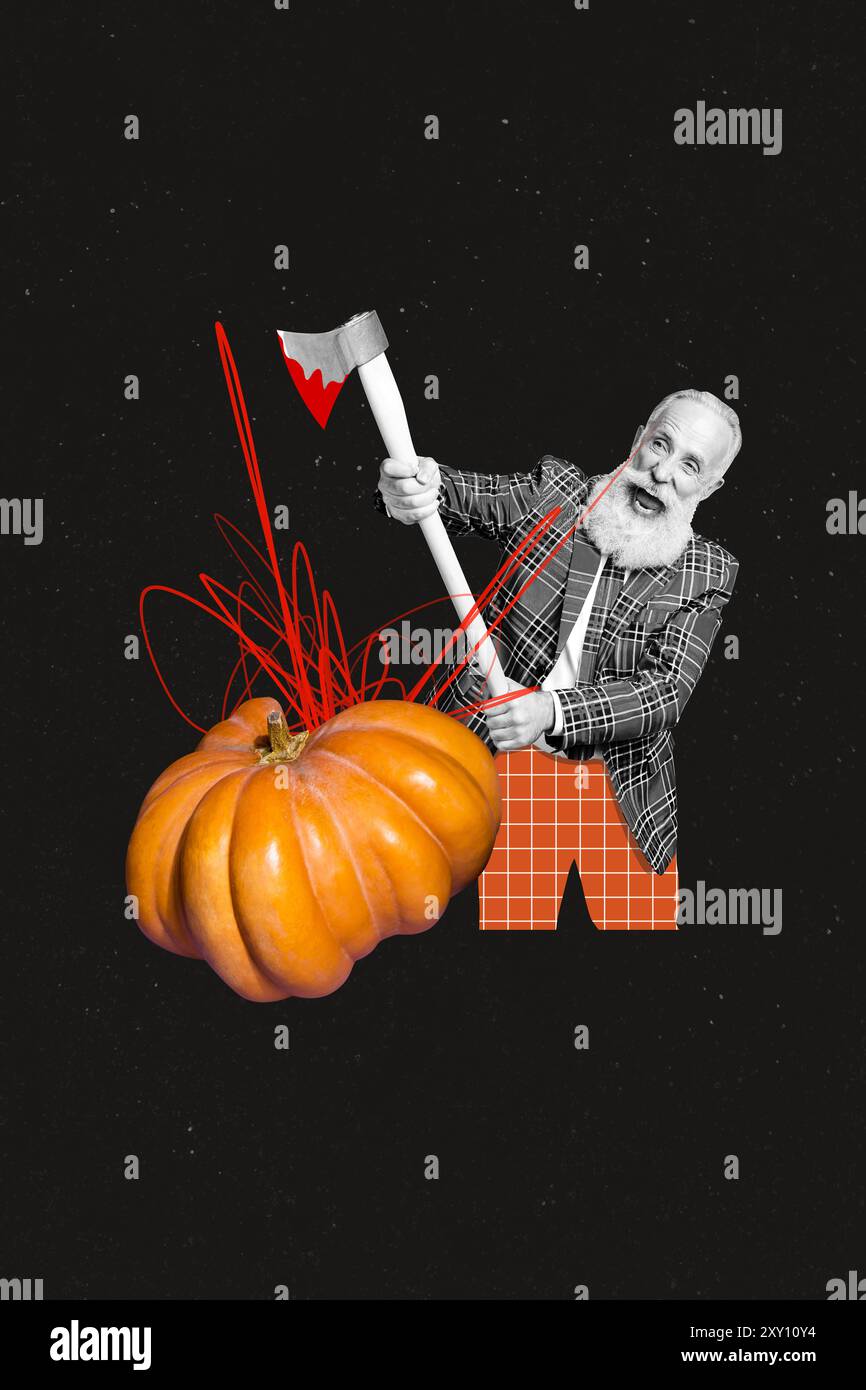Vertical photo collage of excited old man killer hunter hold blood ax ...