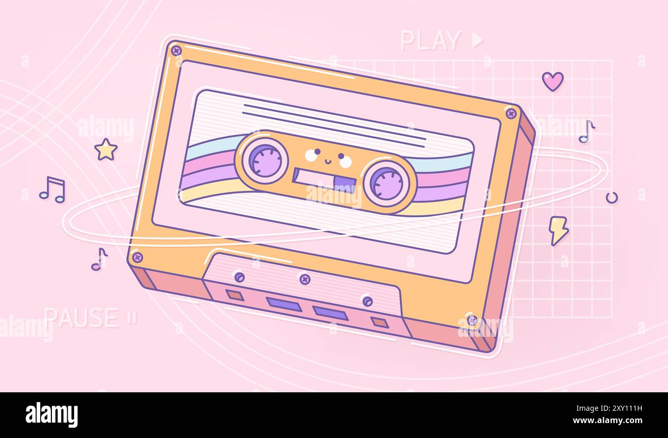 Retro kawaii cassette for portable music player with cute face Stock ...