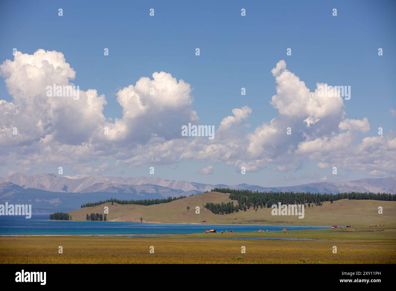 View to the Khuvsgul lake, houses and mountains in Mongolia Stock Photo ...