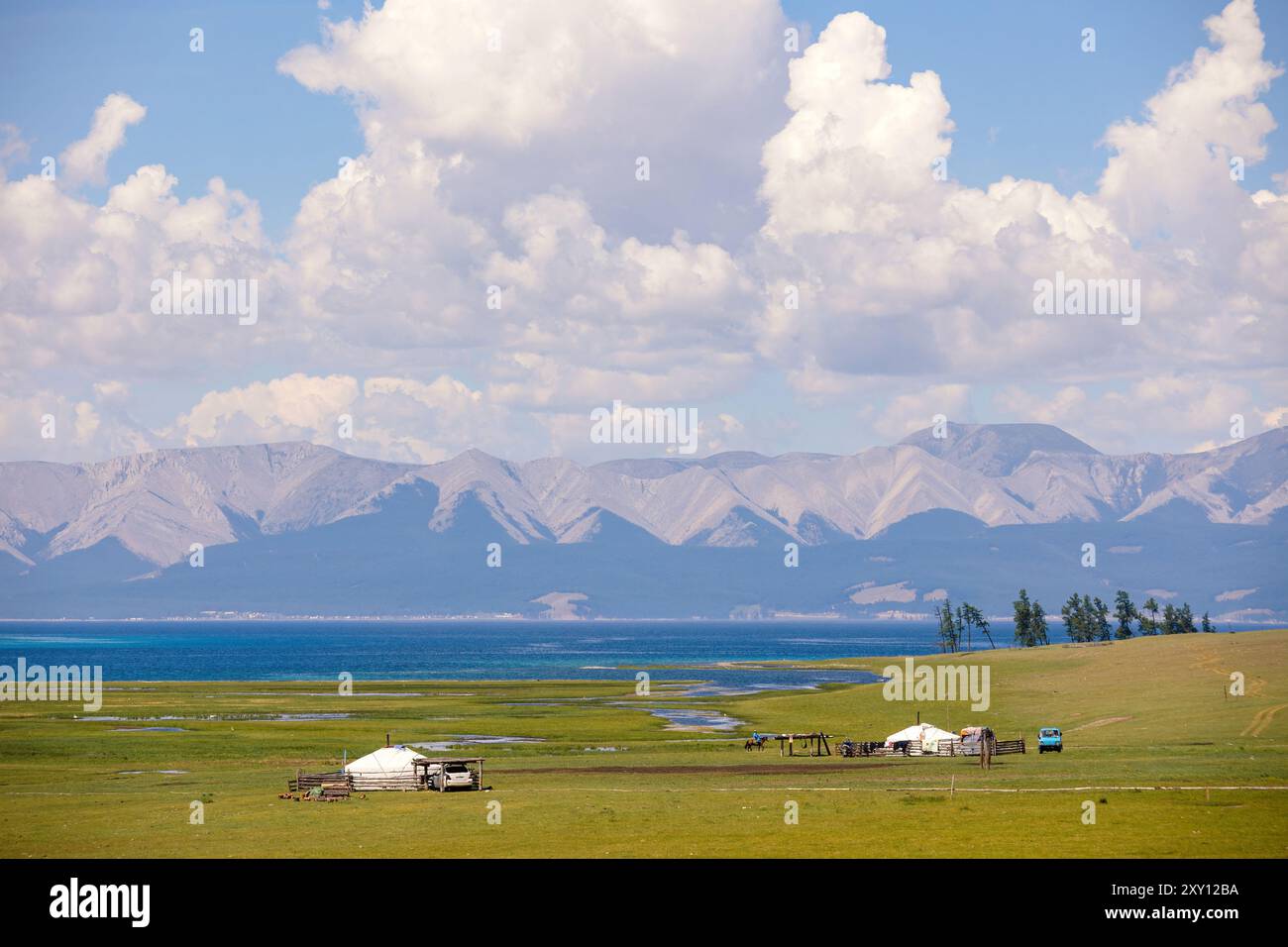 View to the Khuvsgul lake, yurts and mountains in Mongolia Stock Photo ...