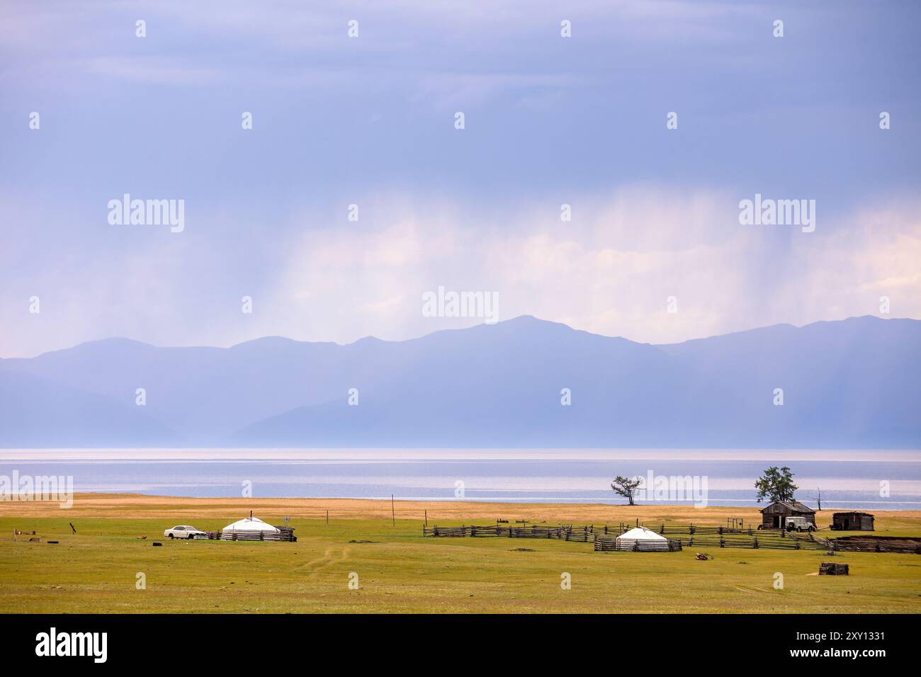 View to the Khuvsgul lake, yurts and mountains in Mongolia Stock Photo ...