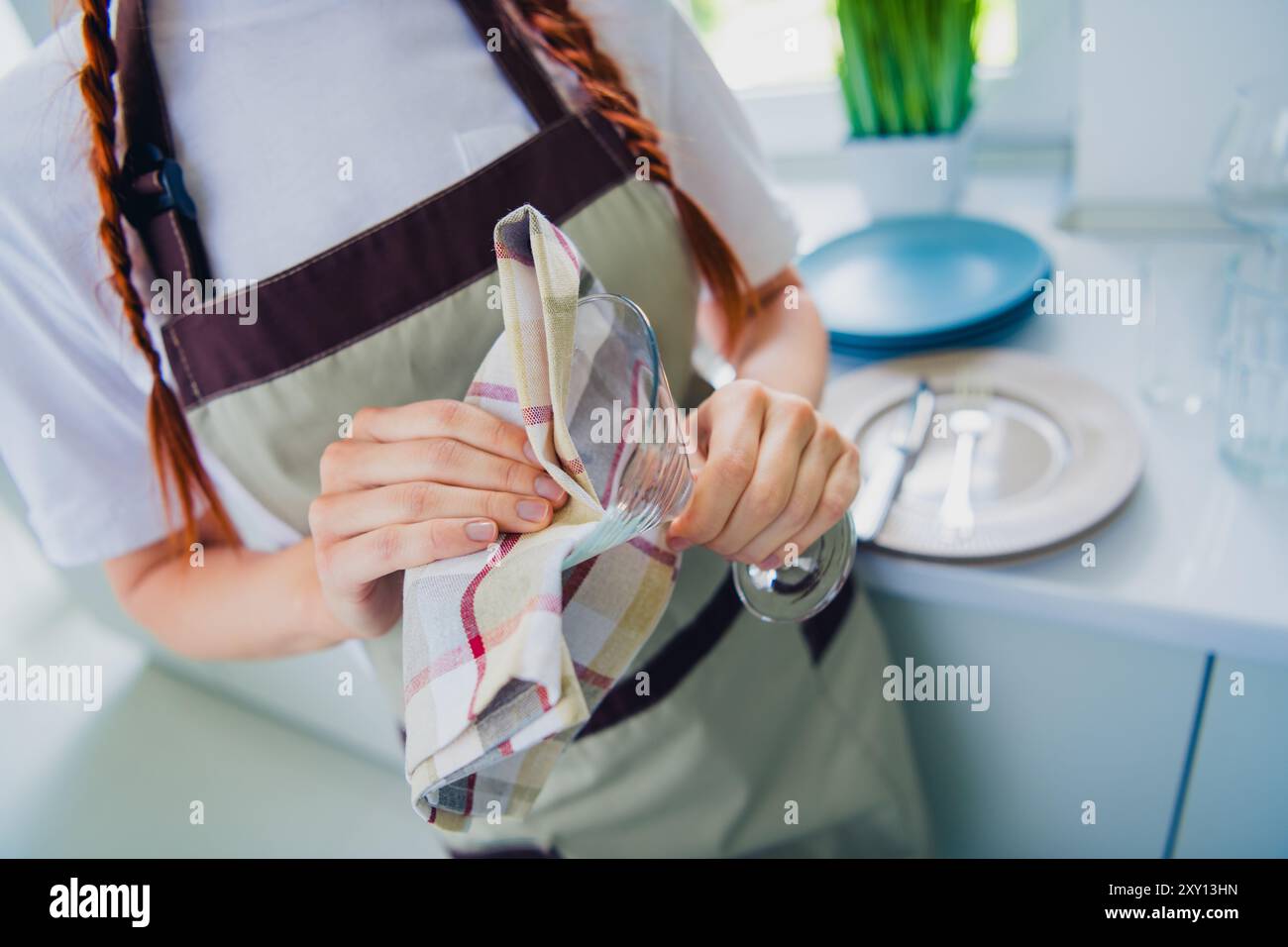 Photo of housewife washing wiping dishes utensils cutlery white ...