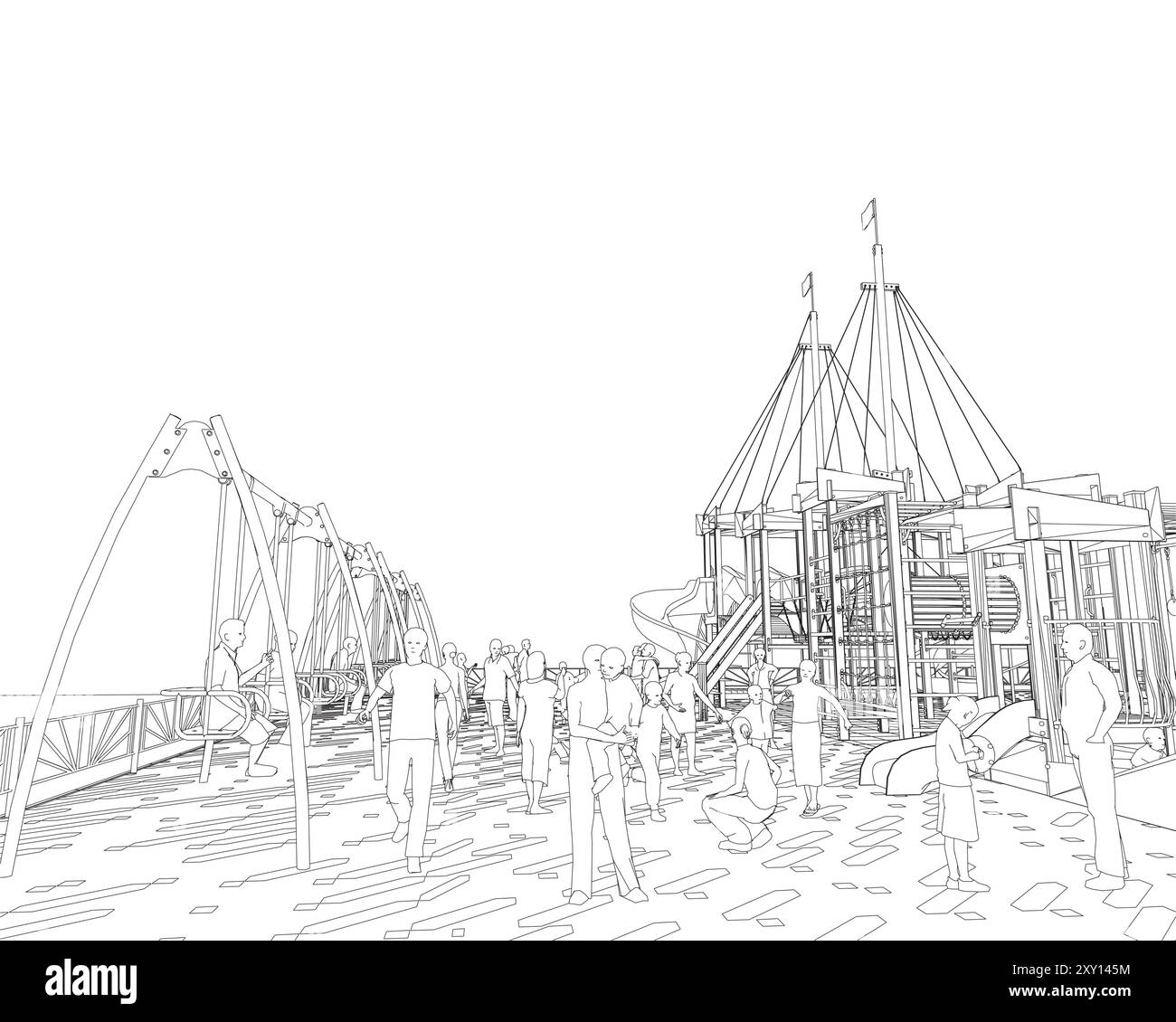 Outline of a children's playground with men and women walking with ...