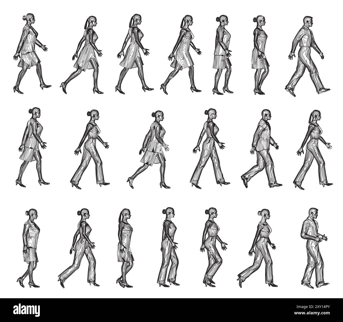 Set with contours of walking people from black lines isolated on white ...