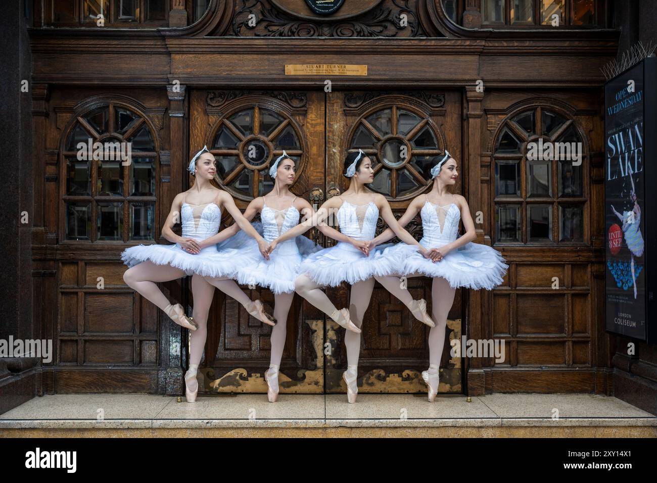 London, UK. 27 August 2024. Four swans in full costume at a photocall ...