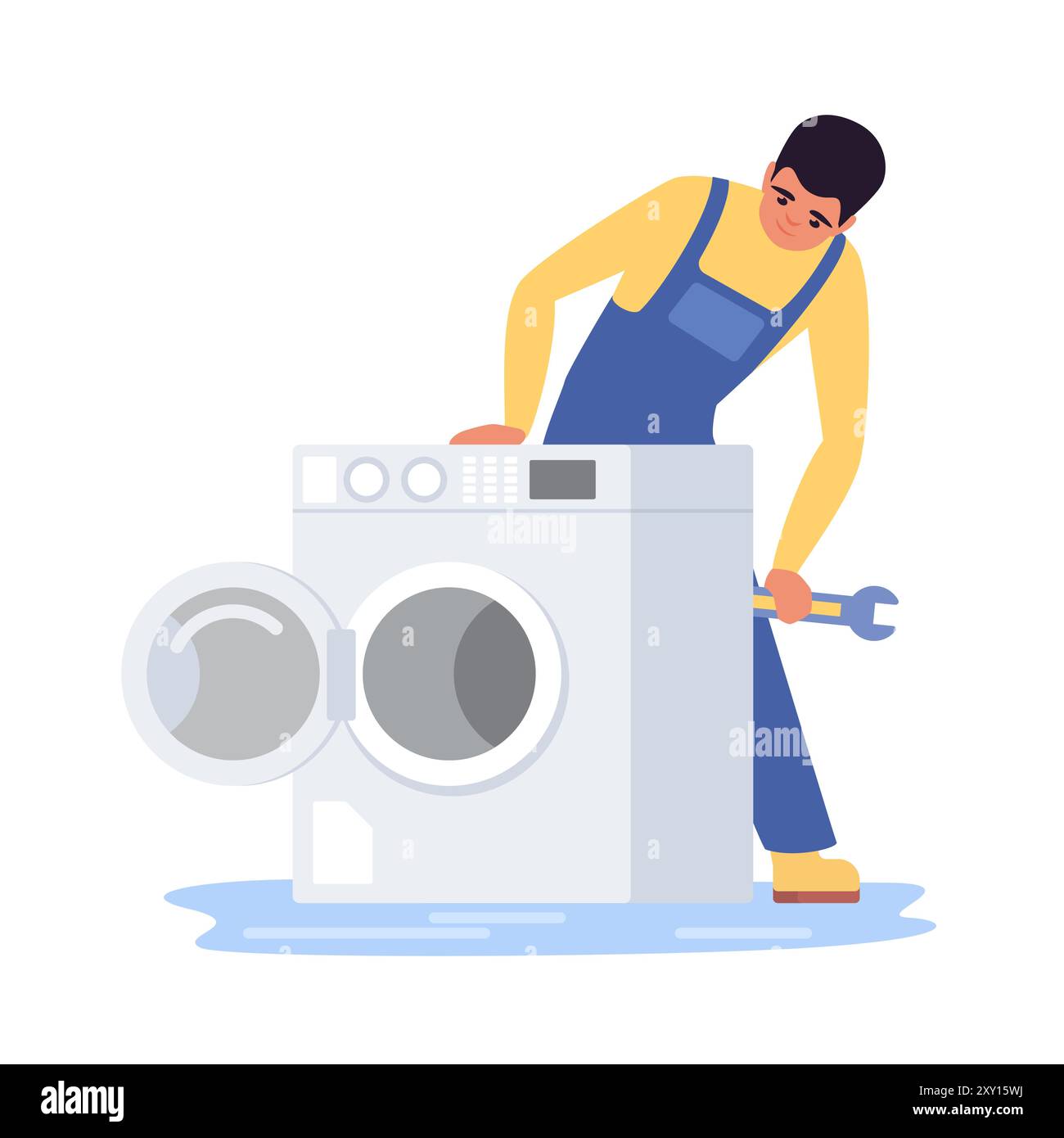Vector illustration of a serviceman repairing a washing machine with ...