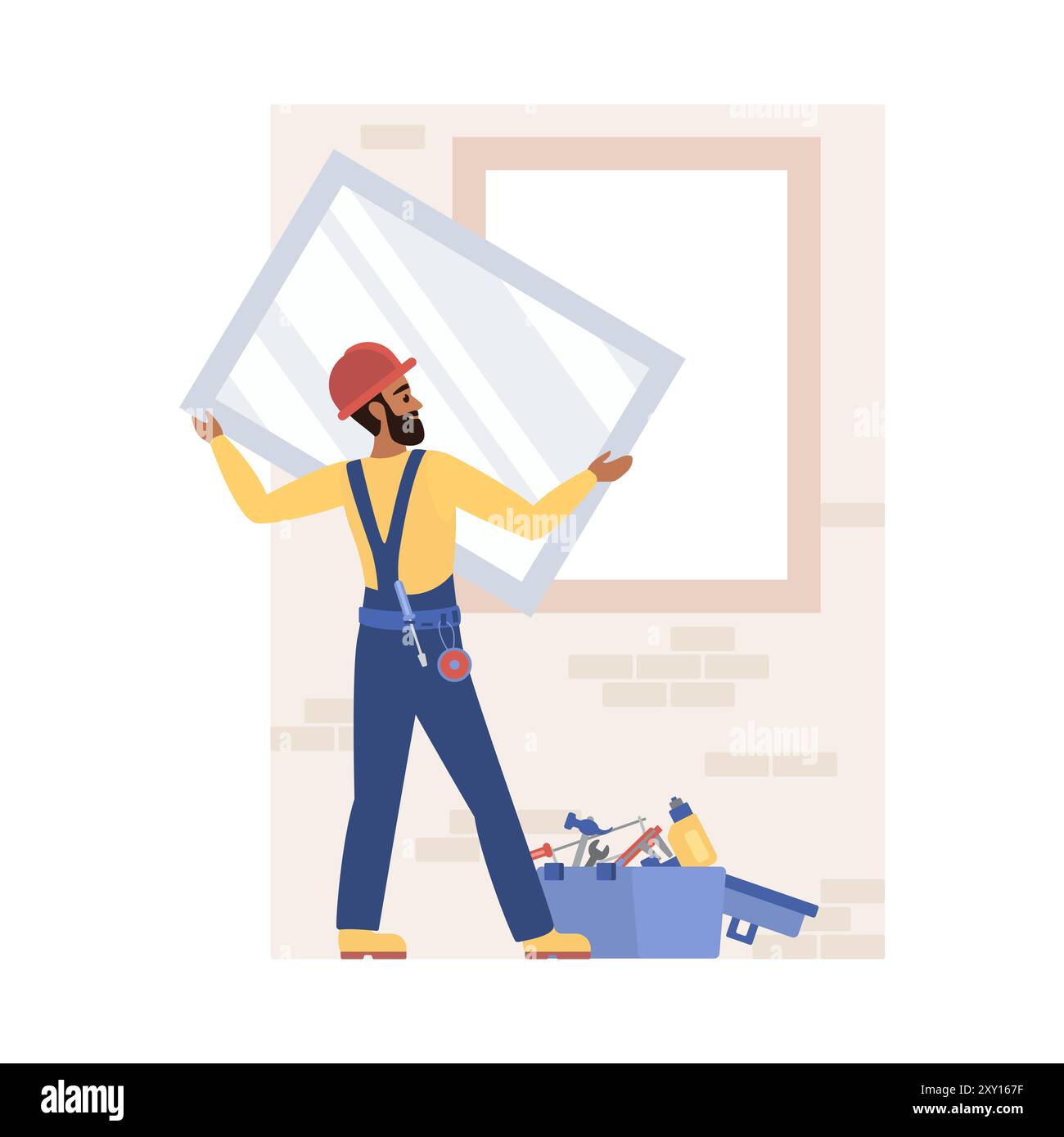 Vector illustration of a serviceman installing a window frame Stock ...