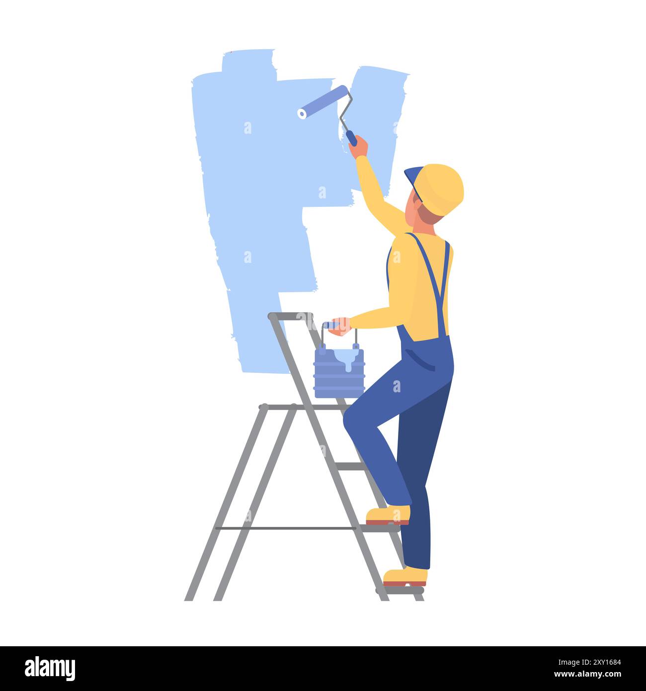 Vector image of a painter standing on a ladder while painting a wall ...