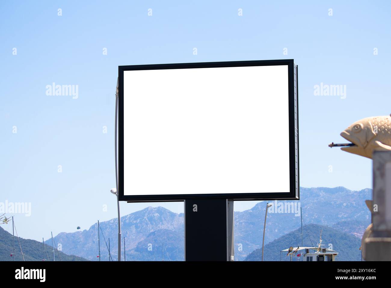 White horizontal advertising poster. Big billboard blue sky background ...