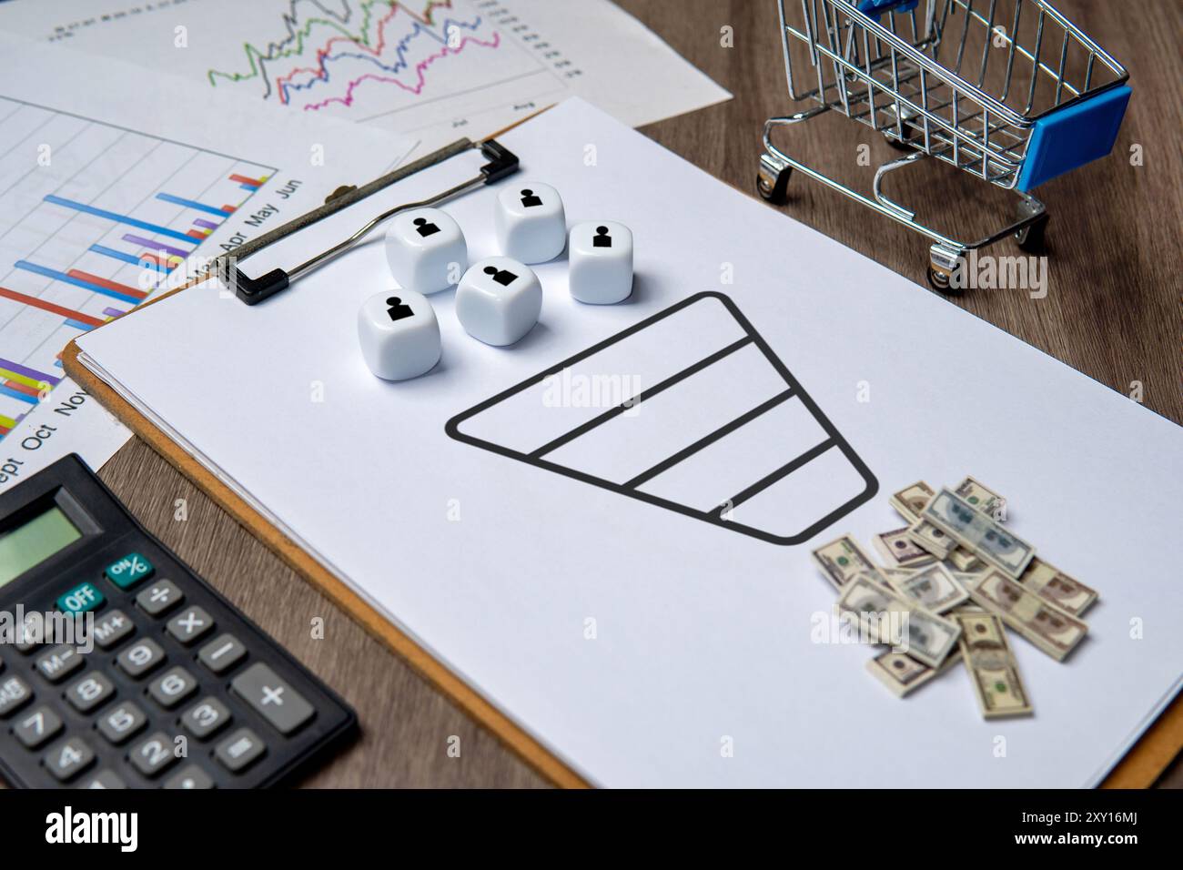 A clipboard with a sales funnel diagram and dice representing customers ...