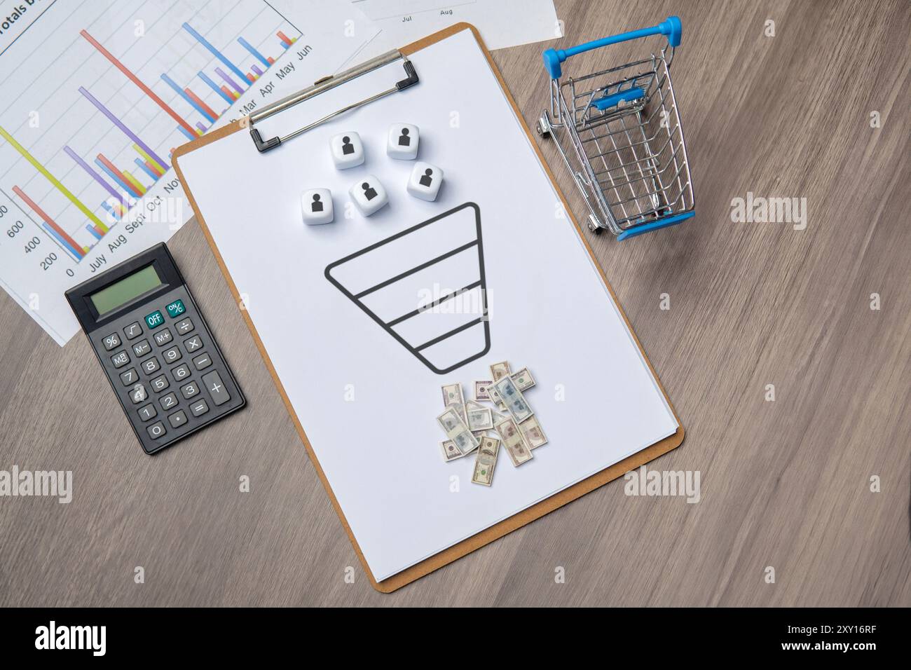 A clipboard with a sales funnel diagram and dice representing customers ...