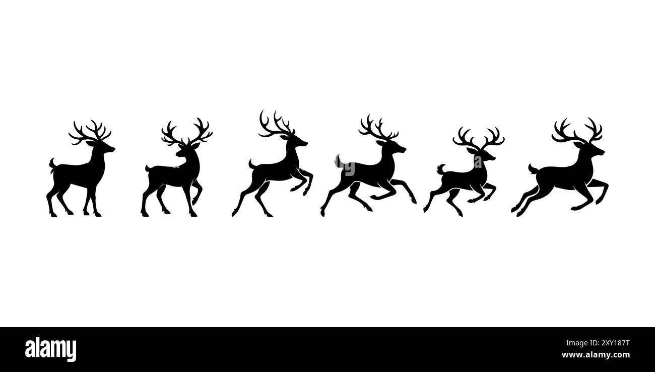 Big set of winter reindeer santas in motion, outline on white ...