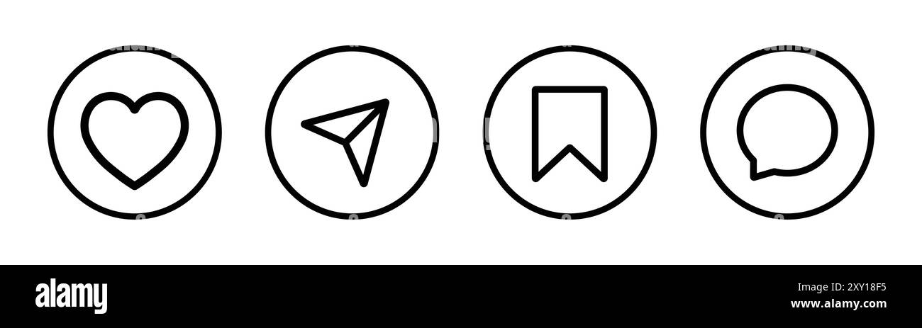 Like, share, save and comment icon in line. Set of social media ...