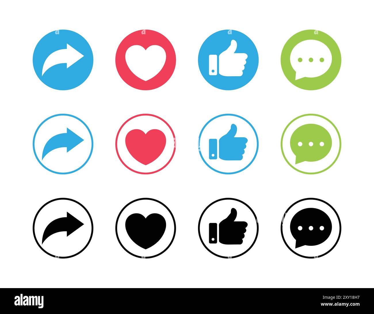Like, love, comment, and share icon vector in circle line and fill ...