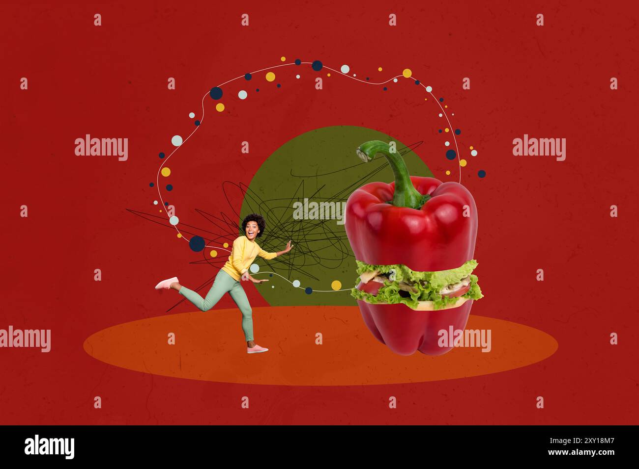 Composite photo collage of happy american girl run filled pepper ...