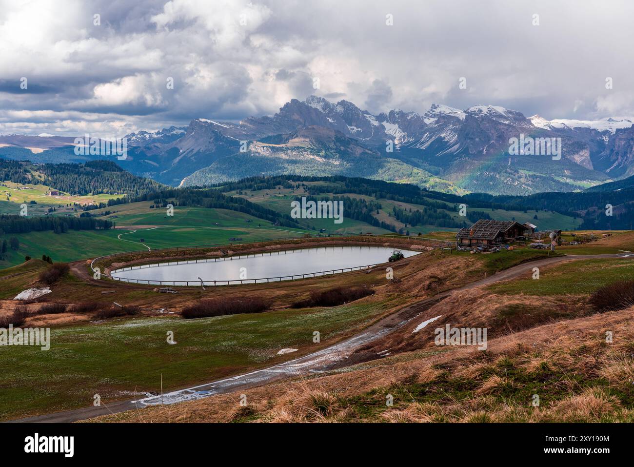 Drinking water reservoir on mountain background on the Seiser Alm in ...