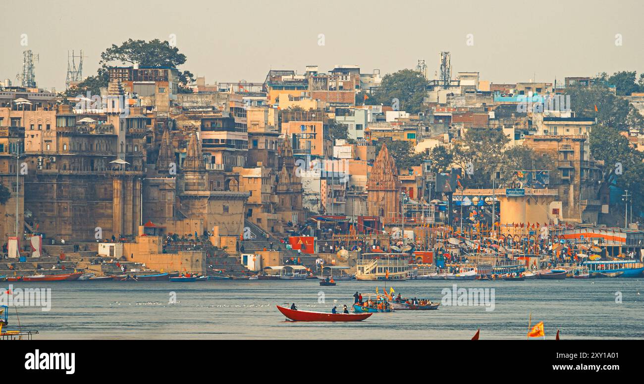 Varanasi, Uttar Pradesh, India. Boats Floating Near Rana Mahal Ghat ...