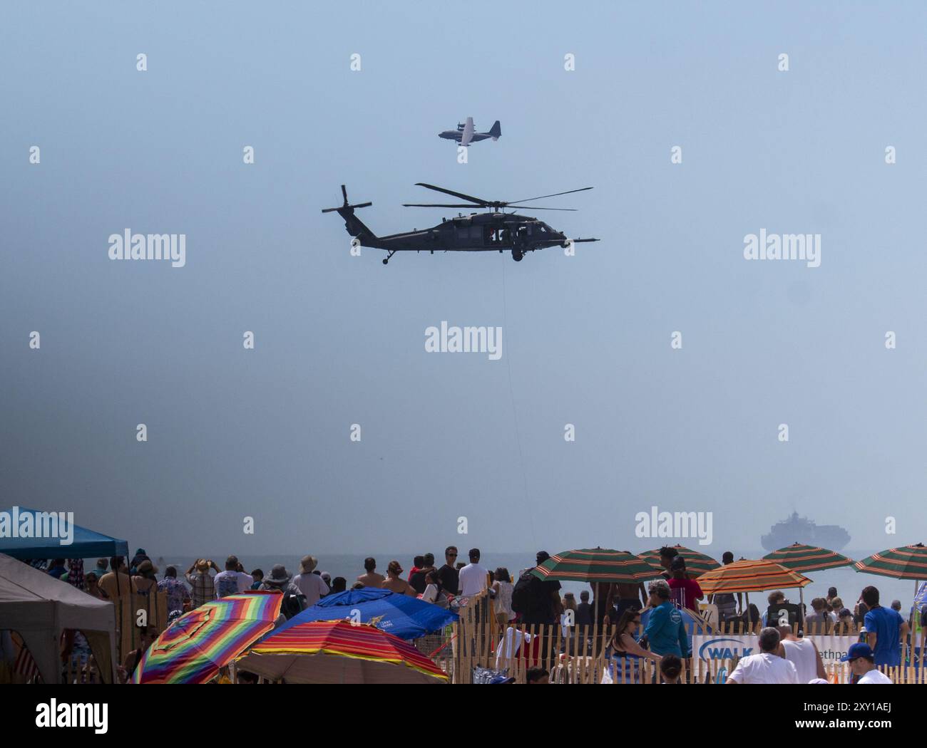Jones Beach, New York, USA - 29 May 2022:Two black helicopters fly over ...