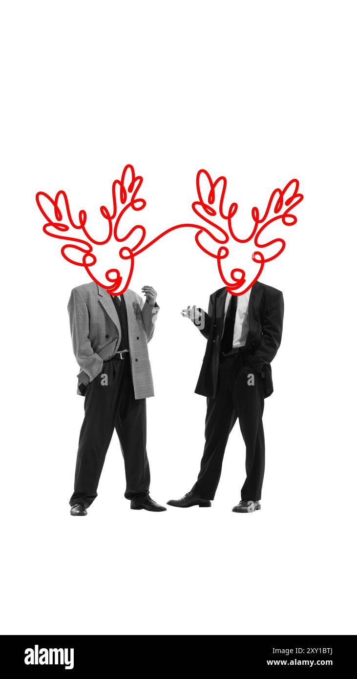 Two businessmen with deer drawing head standing and talking. Lively ...