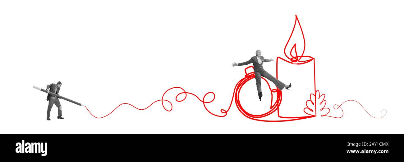 Two businessmen interacting with red line art, candle and ornament ...