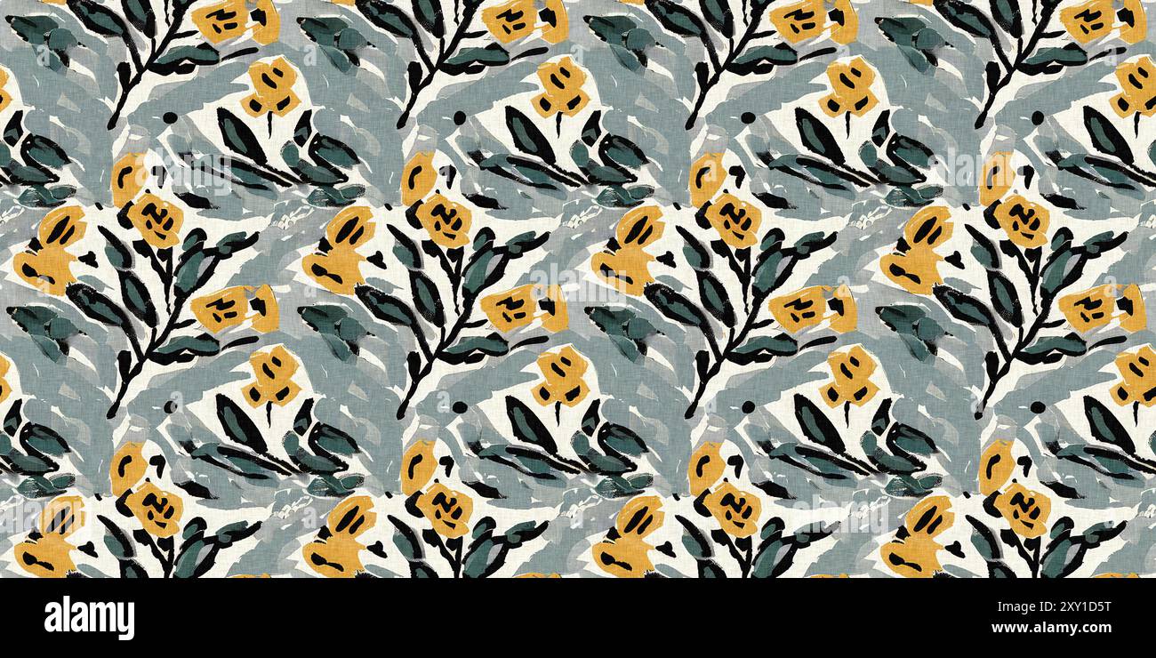 Modern printed fabric flower block print pattern with linen texture ...