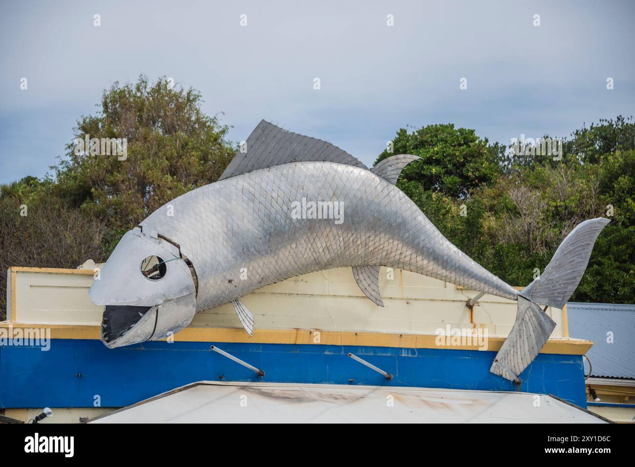 Sculpted aluminium fish artwork on roof of a fish restaurant, Kaikoura ...