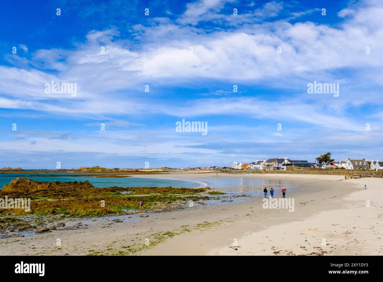 People walking on beach to Saline Bay from Cobo Bay at low tide. Castel ...