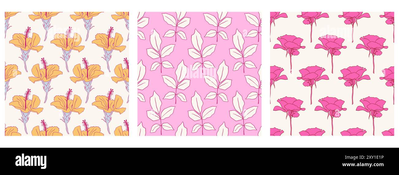 Floral Hand Drawn Flowers Seamless Patterns Set Stock Vector Image ...