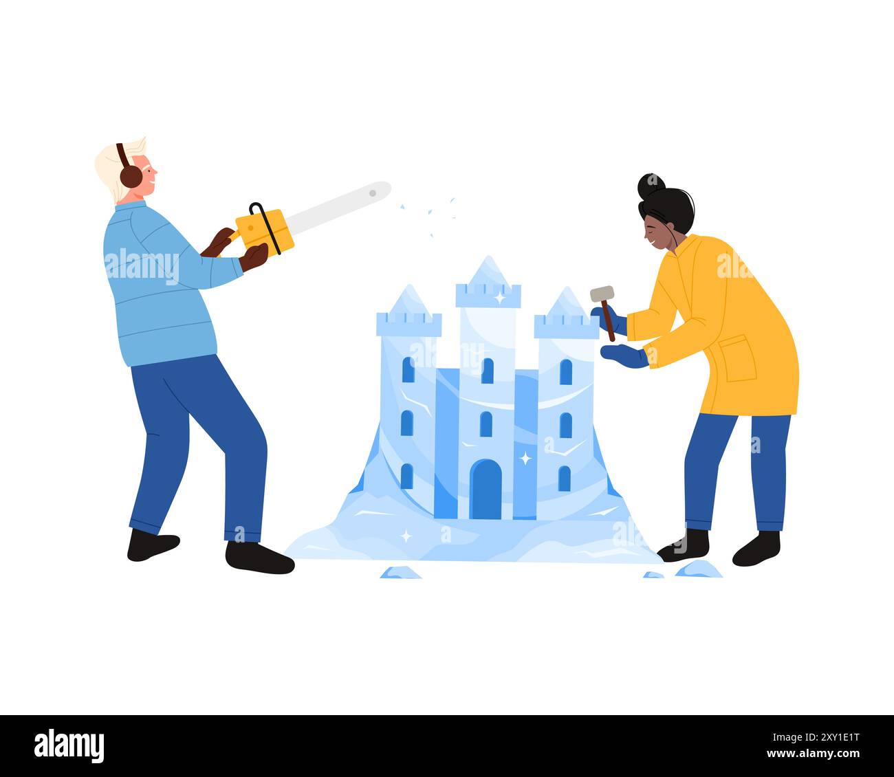 Man and woman sculptors holding saw and hammer to make medieval ice ...