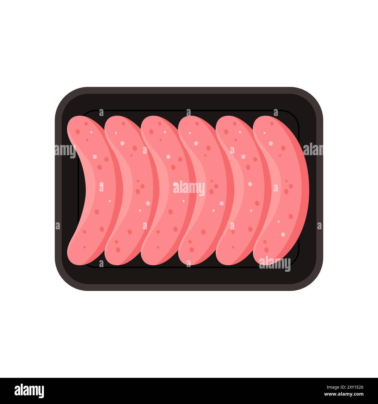 Plastic tray with meat sausages, top view of black rectangular ...