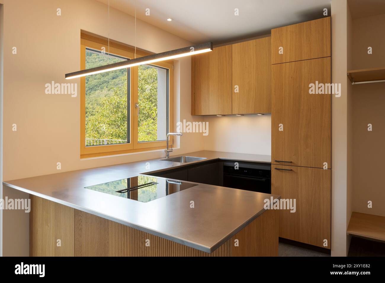 Modern wooden kitchen with a hanging lamp and spotlights. There is an ...