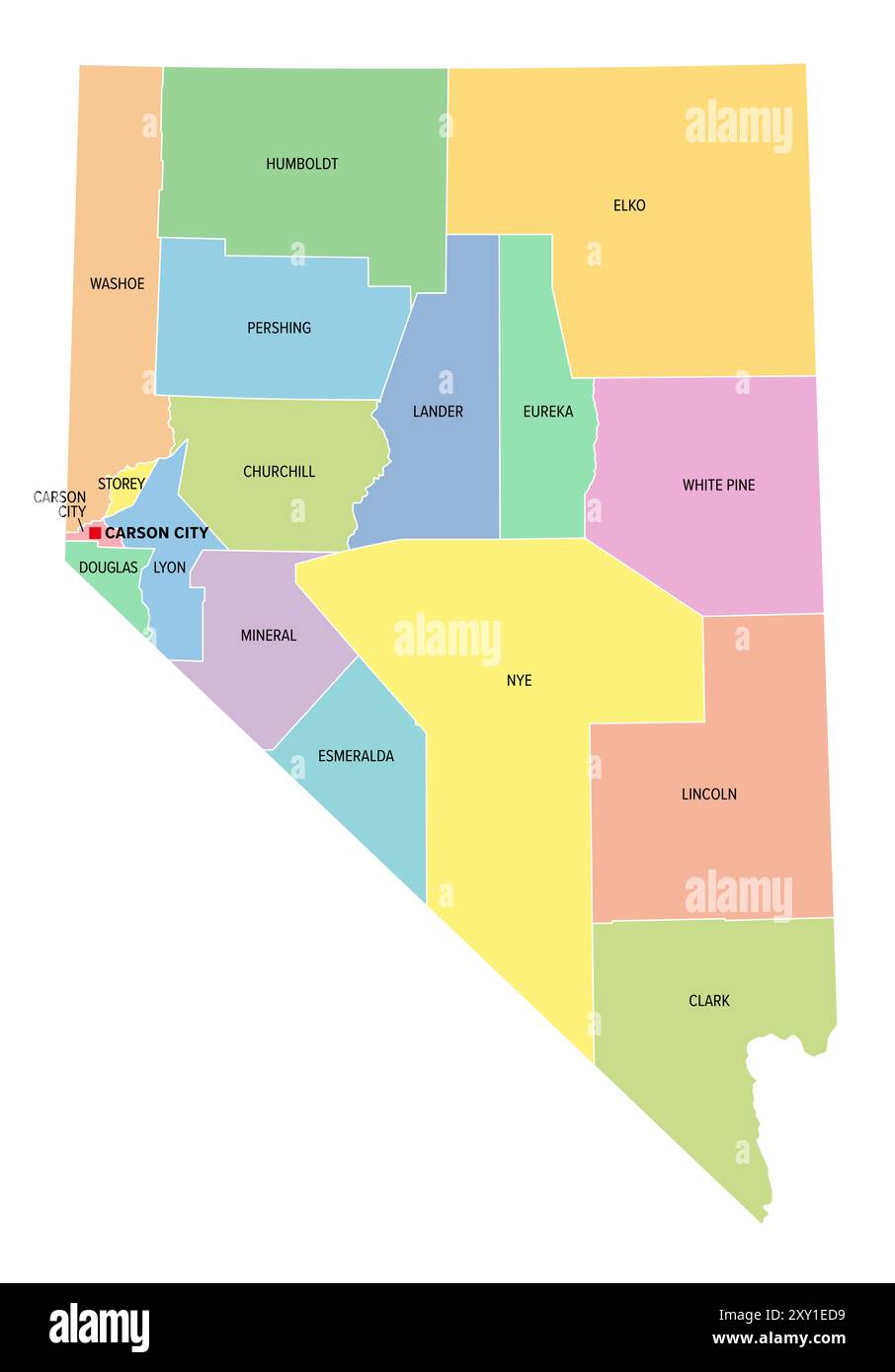 Nevada, U.S. state, colored political map with borders and counties ...