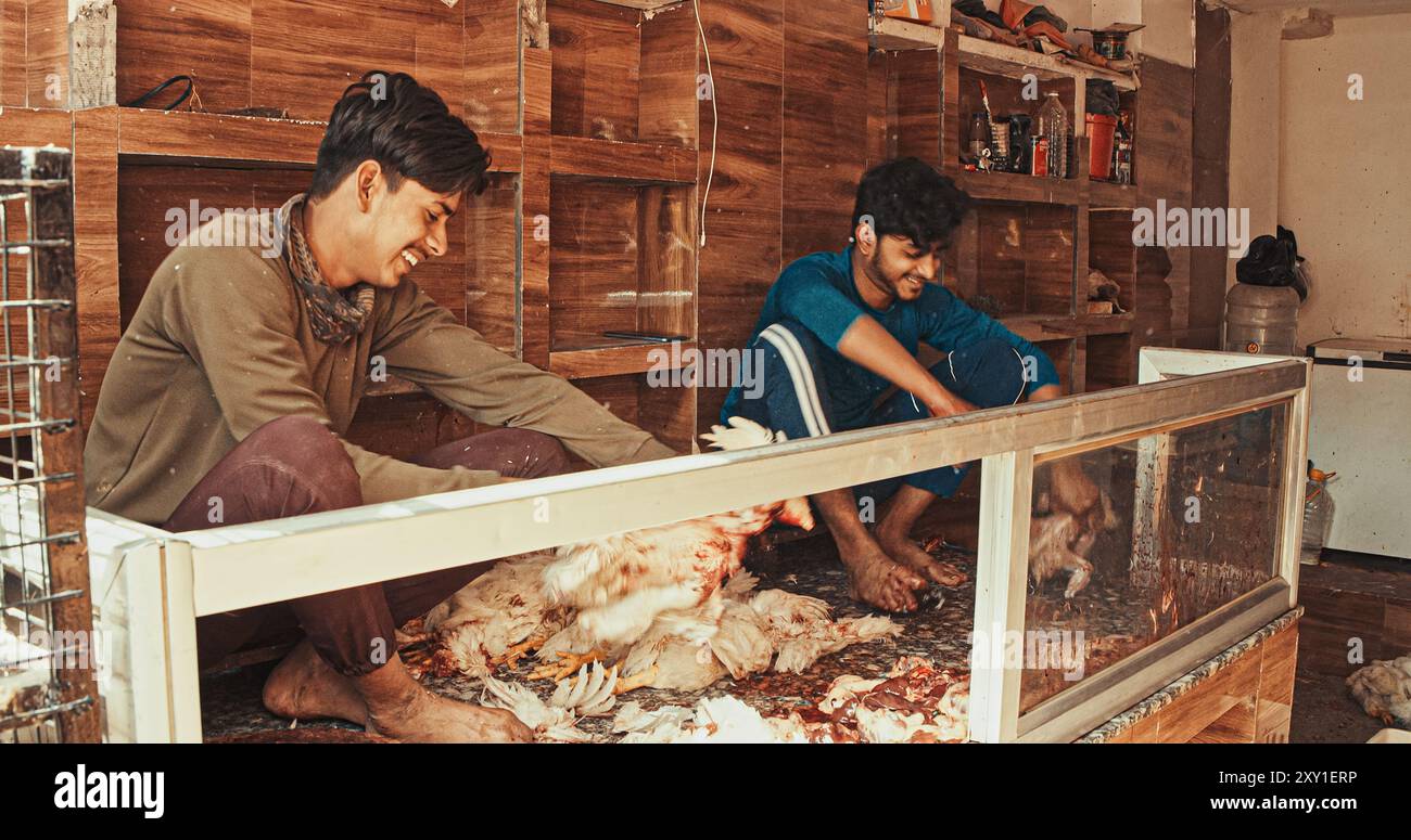 Varanasi, Uttar Pradesh, India. Men Plucking Chickens. Plucking Fresh ...