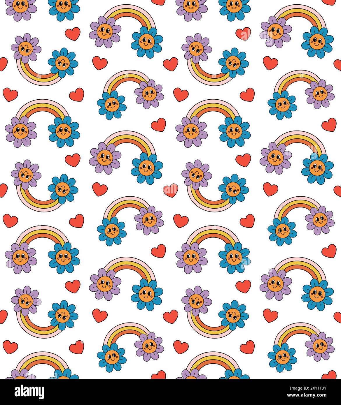 Vector seamless pattern of groovy cartoon retro rainbow with flowers ...