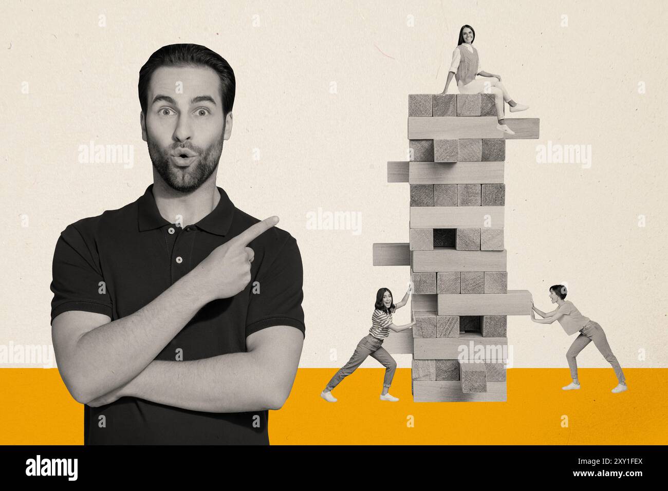 Artwork collage of an excited man showing huge tower project building ...