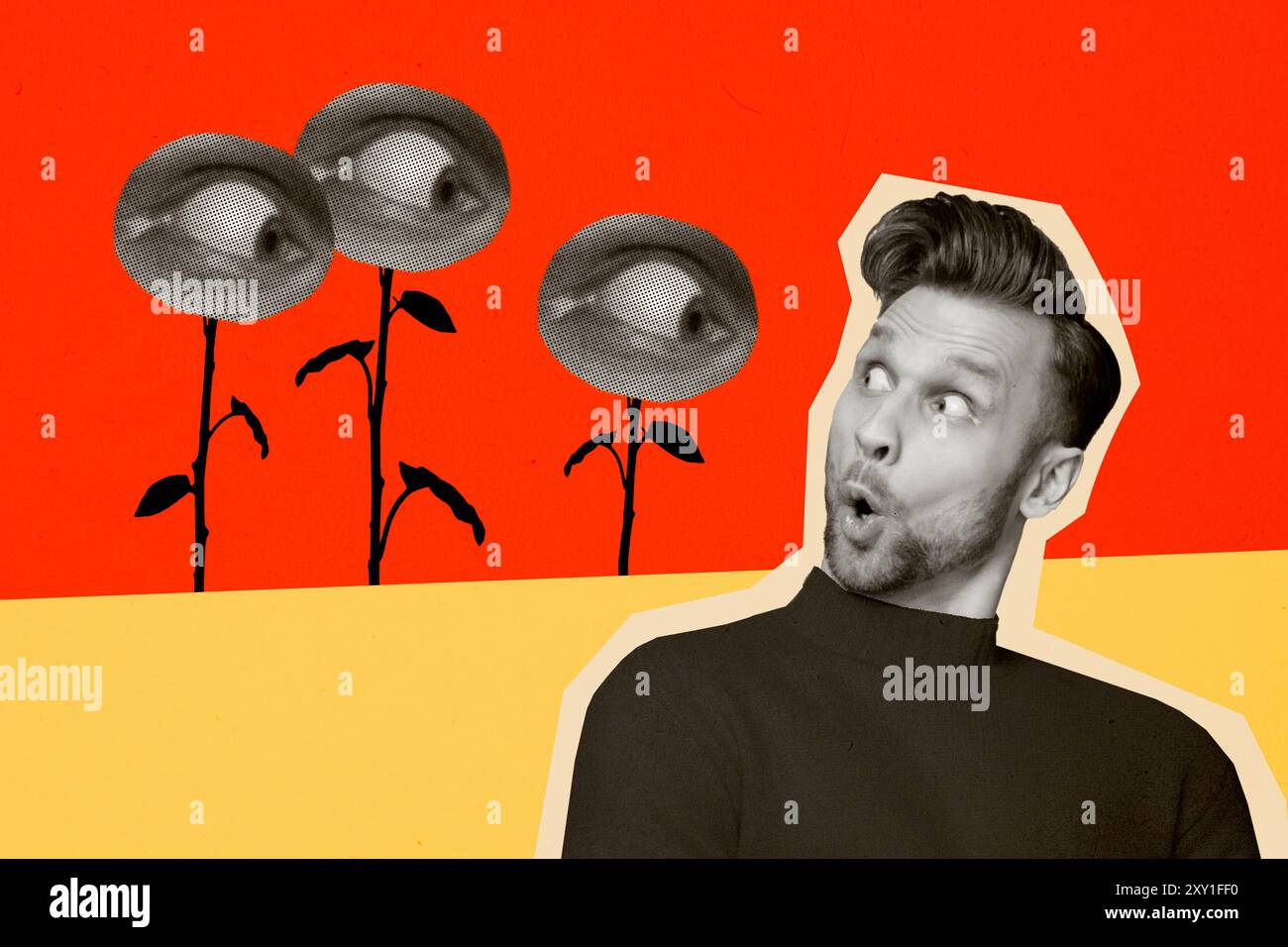Composite photo collage of astonished man creepy stalker flowers ...