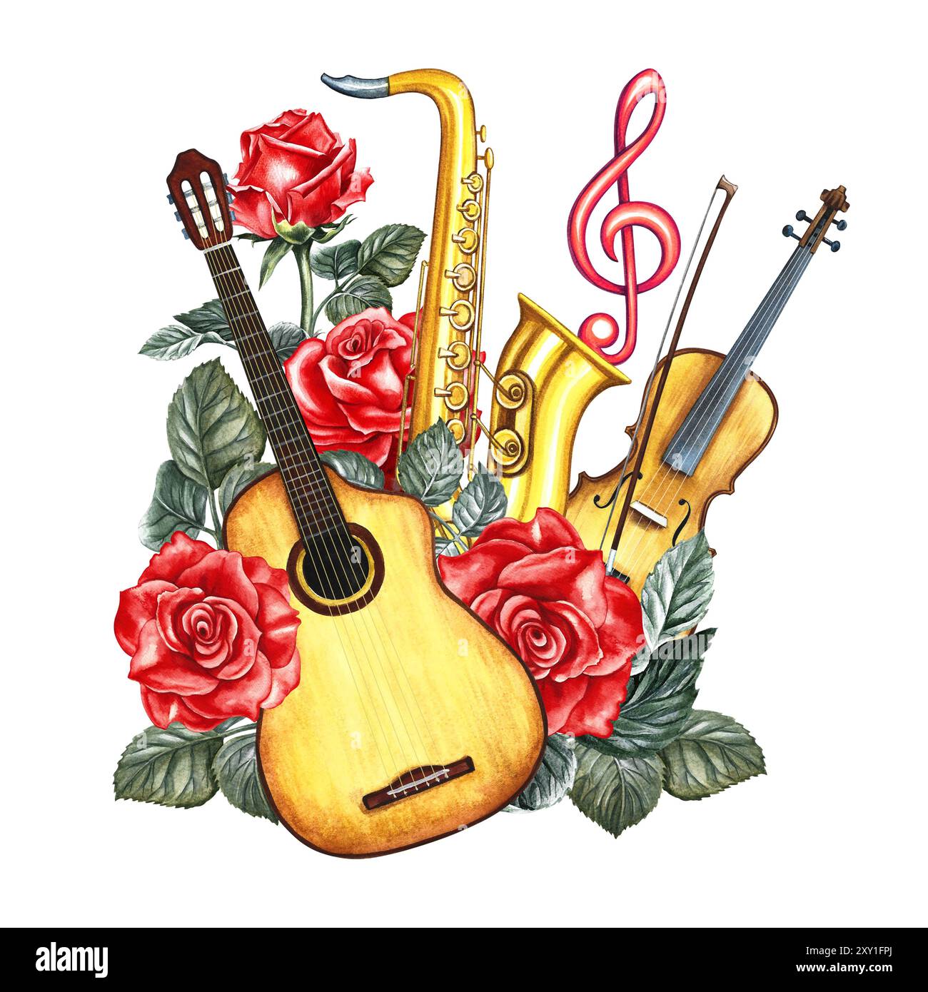 Musical instruments: violin, saxophone, guitar and treble clef ...