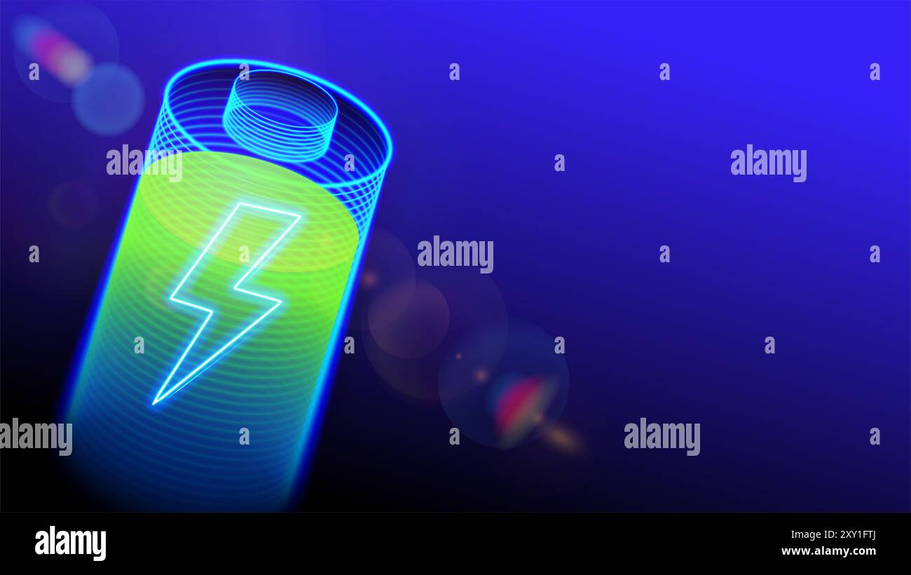 Battery close-up. Digital cells battery wireframe with green charging ...