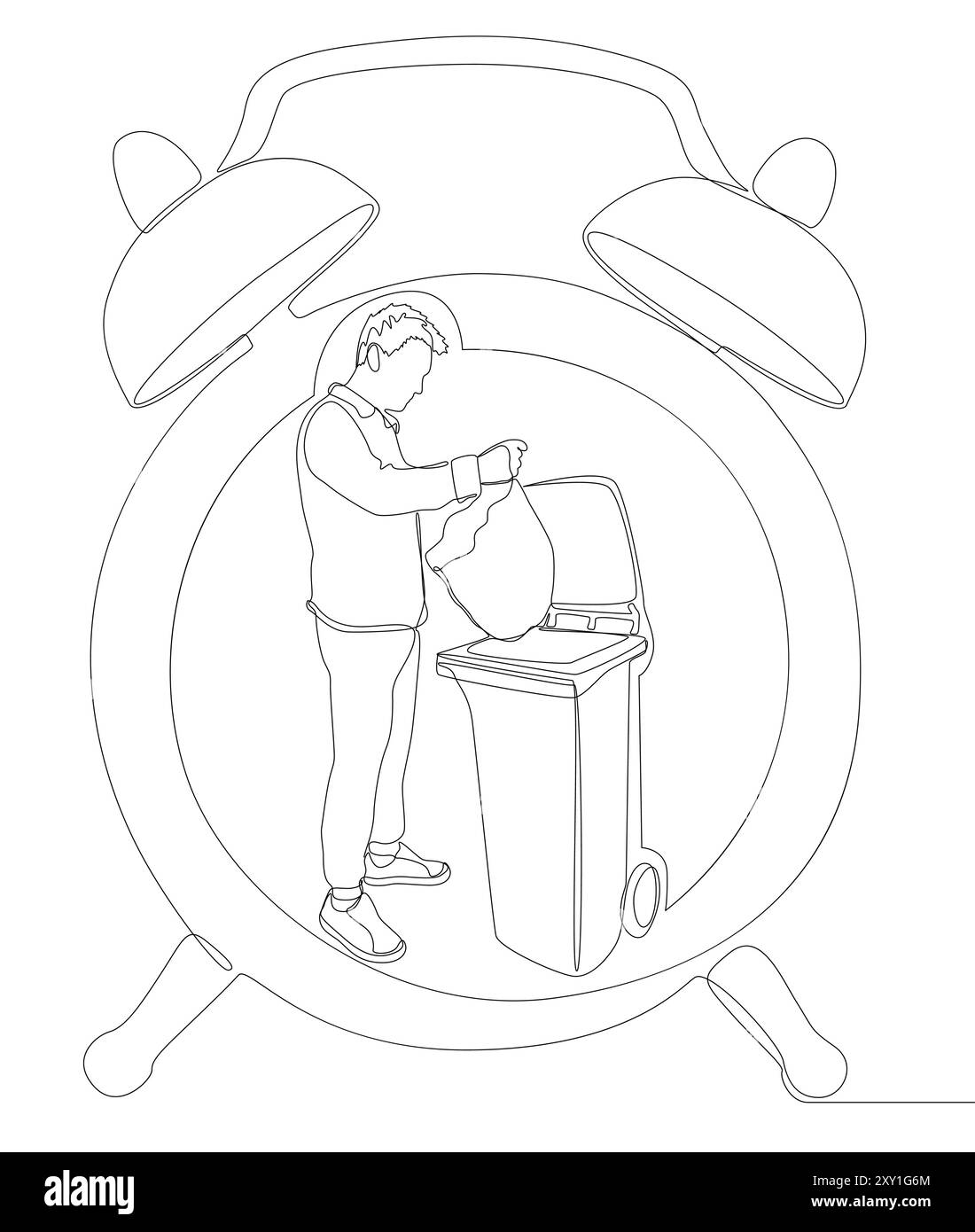 One Continuous Line Of Alarm Clock And Man With Garbage Bin Thin Line Illustration Vector