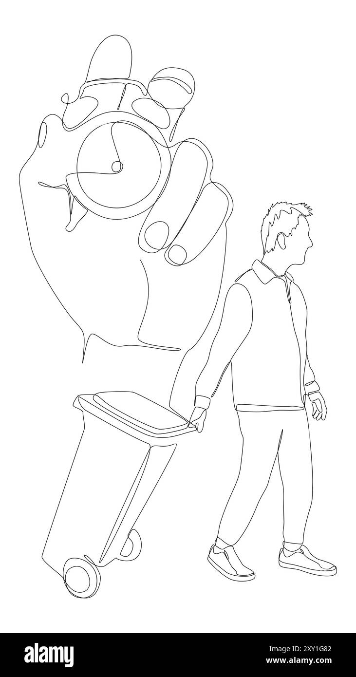 One Continuous Line Of Alarm Clock And Man With Garbage Bin Thin Line Illustration Vector