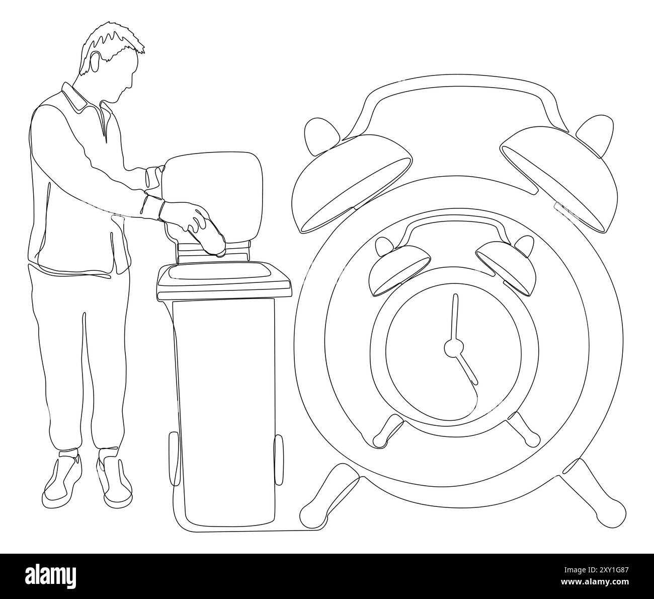 One Continuous Line Of Alarm Clock And Man With Garbage Bin Thin Line Illustration Vector