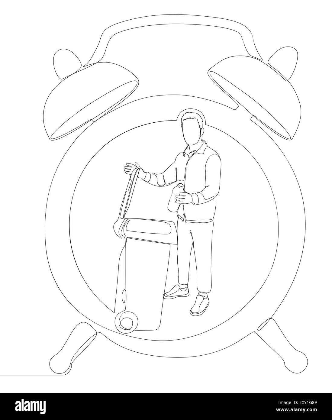 One Continuous Line Of Alarm Clock And Man With Garbage Bin Thin Line Illustration Vector